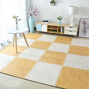 9 Pcs Interlocking Printed Wood Grain Foam Mat, Comfy Foam Carpet Tiles 11.8" x 11.8" Anti-Slip Border for Exercise, Yoga, Playroom, Garage, Room Floor, Puzzle Area, Basement (White)
