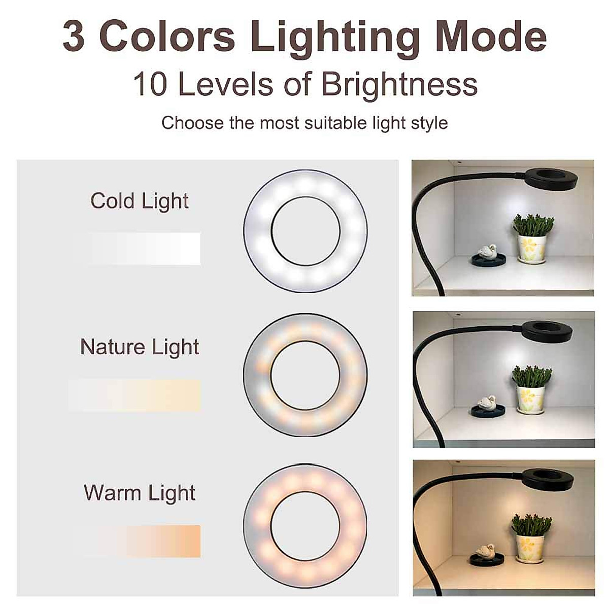 Bekada Clip on Desk/Ring Light with Clamp for Video Conference Lighting, Computer Webcam, USB LED Laptop Light for Zoom Meetings Reading with 3 Color 10 Dimming Level