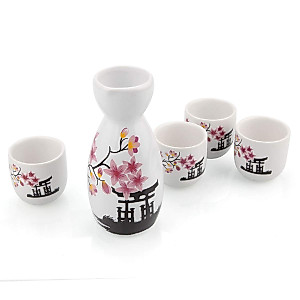 ABuff Japanese Sake Set, 1 Tokkuri Bottle & 4 Ochoko Cups, Spring Blossoms Ceramic Sake Set- Microwave and Dishwasher Safe