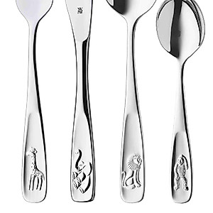 Pignr Animals Children's Cutlery, 4-Piece, from 3 Years, Cromargan Polished Stainless Steel, Dishwasher-Safe in a Gift Box with General Illustration, 4pcs, Silver