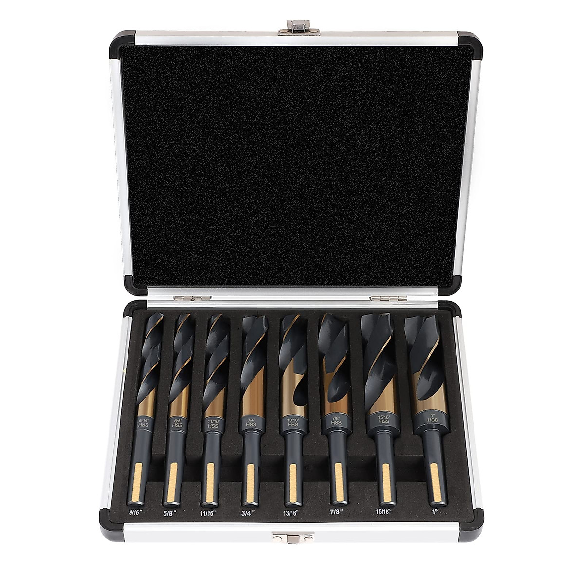 COMOWARE Reduced Shank Drill Bit Set- 1/2” Silver and Deming Large Drill Bit, 8 pcs HSS M2 Black and Gold Oxide Finish, 135 Degree Split Point, Ideal for Smooth Drilling, with Storage case