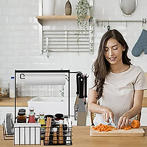 BBQ and Grill Caddy with Paper Towel Holder, Iron Steel Handle & 4 Hooks – Camper Accessories Condiment Caddy – Plates, Cutlery and BBQ Organizer for Camping Outdoor Grilling Tool Accessories