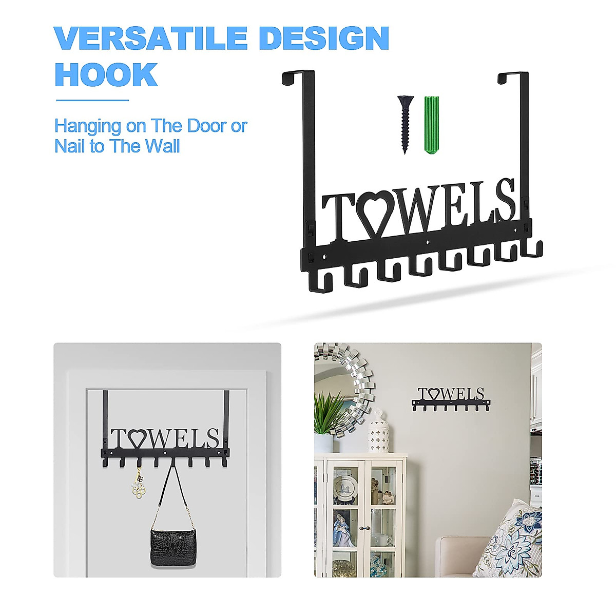 Kruodop Over The Door Hooks,Towel Holder for Bathroom, Black Towel Rack Coat Rack, Wall Mount Door Towel Hooks for Bedroom Kitchen, Door Towel Hanger for Hanging Hat Clothes Bathrobe Bag