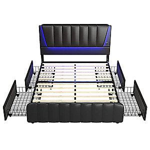 FORABAMB Full Size Bed Frame with LED Lights and USB Ports, Upholstered Platform Bed Frame with Adjustable Headboard and 4 Storage Drawers, No Box Spring Needed,Noise Free, Black