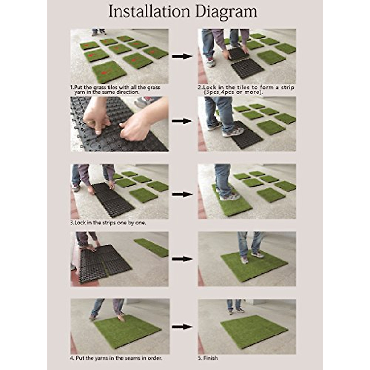 GOLDEN MOON Artificial Grass Turf Tile Interlocking Self-draining Mat, 1x1 ft, 1.5 in Pile Height, 6 Pack