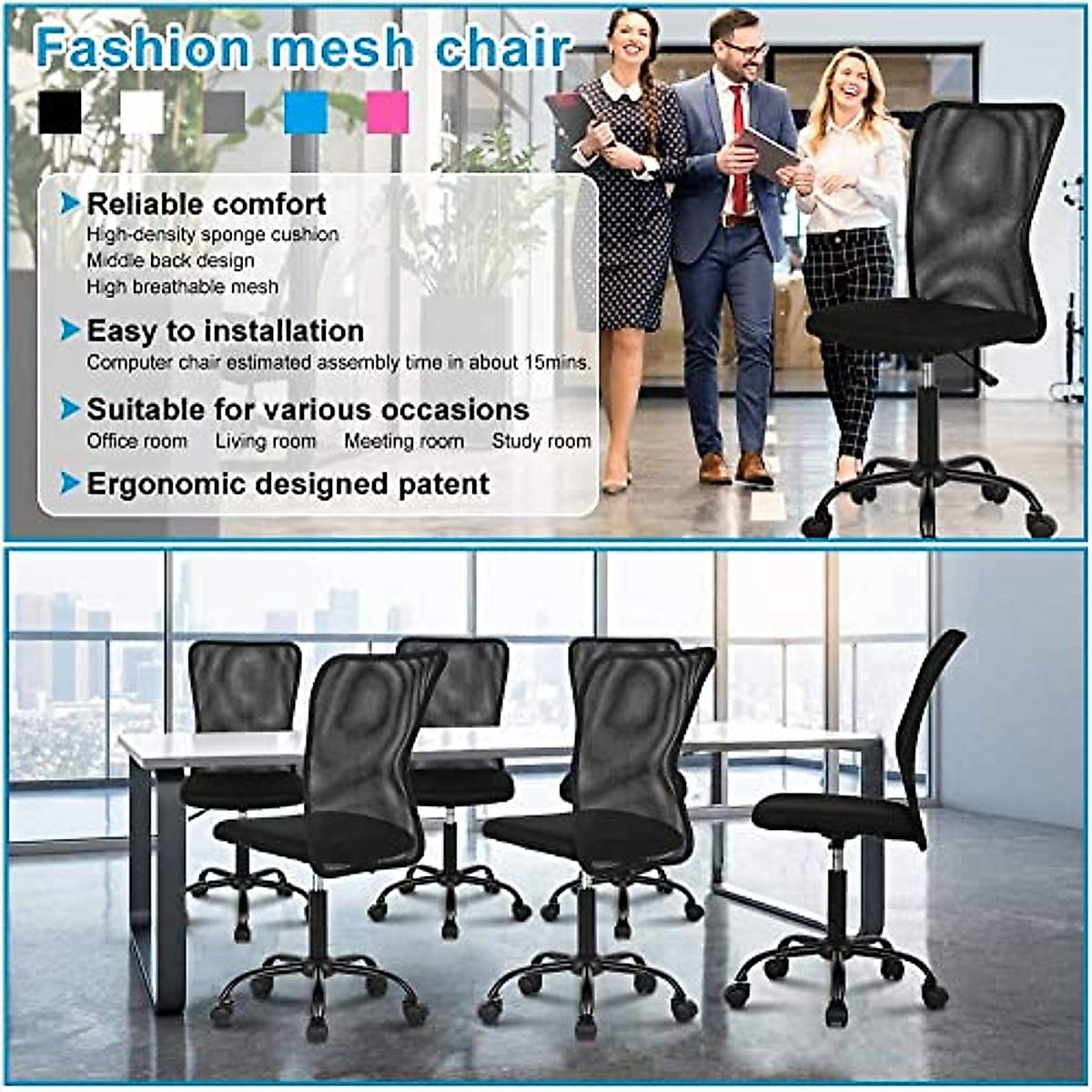 Basic Black Mid-Back Mesh Office Chair - Small, Height-Adjustable, Swivel, No Arms, Rolling
