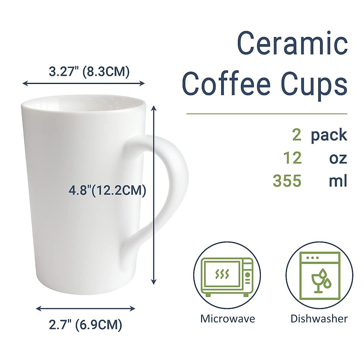 Belinlen 2 Pack 12 OZ Sublimation Mugs Blank Ceramic Coffee Cup Simple Pure White Ceramic Cup Plain White Porcelain Mugs