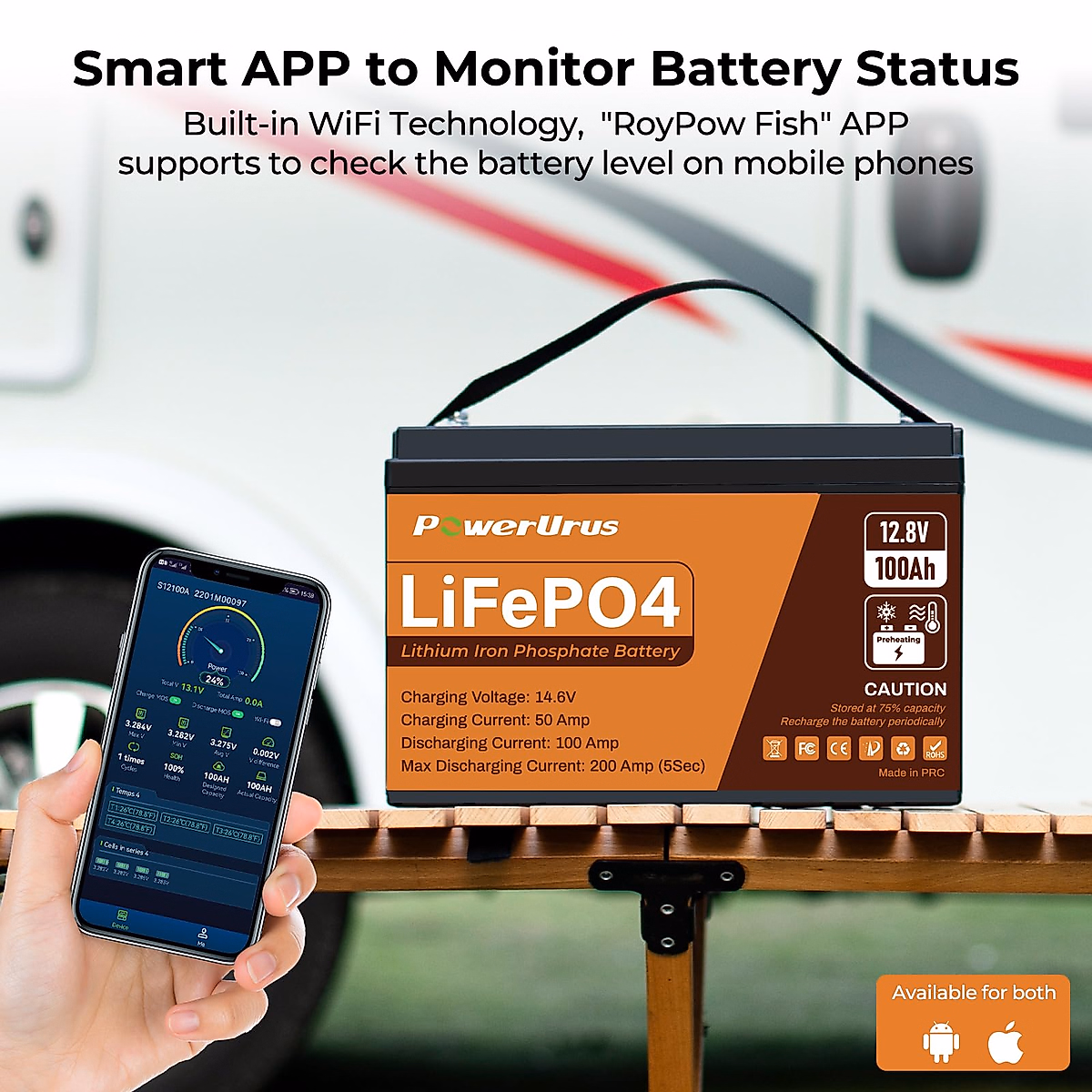 12V 100Ah Self-Heating LiFePO4 Lithium Battery with Smart APP, 4000+Cycle LiFePO4 Battery, Built-in 100A BMS, Wireless Real-Time Battery Monitor Function for RV, Marine, Off Grid Application