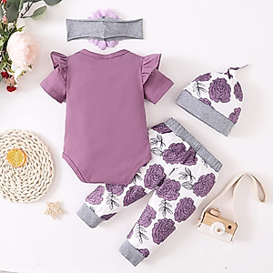 Renotemy Infant Girl Clothes Newborn Outfits Short Sleeve Romper Pants Set 0-3 Months Baby Girl Clothes Outfit Sets Purples