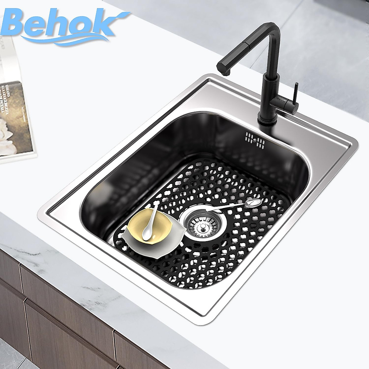 BEHOK 2 Pack Silicone Sink Protectors for Kitchen Sink, Bathroom Sink, 13.58"x 11.6" Heat-resistant Sink Mat, Non-Slip and Durable Sink Protector Silicone, Center Drain, Black
