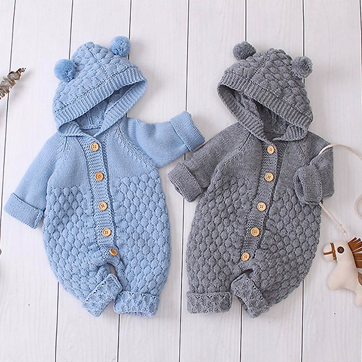 Toddler Baby Boy Girls Cartoon Bear Winter Hooded Jumpsuit Cotton Knitted Sweater Romper Long Sleeve Breasted Bodysuit Knitwear Hoodie Warm Button Coat Overalls Birthday Outfit Light Blue 0-6 Months