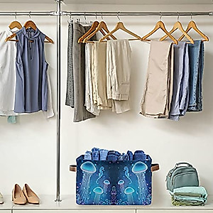 Oyihfvs Glowing Blue Jellyfish Underwater Seahorse World Square Shelves Storage Basket Bin, Waterproof Laundry Hamper Bucket, Baby Nursery Organizer with Handles for Toys Clothes Room Closets