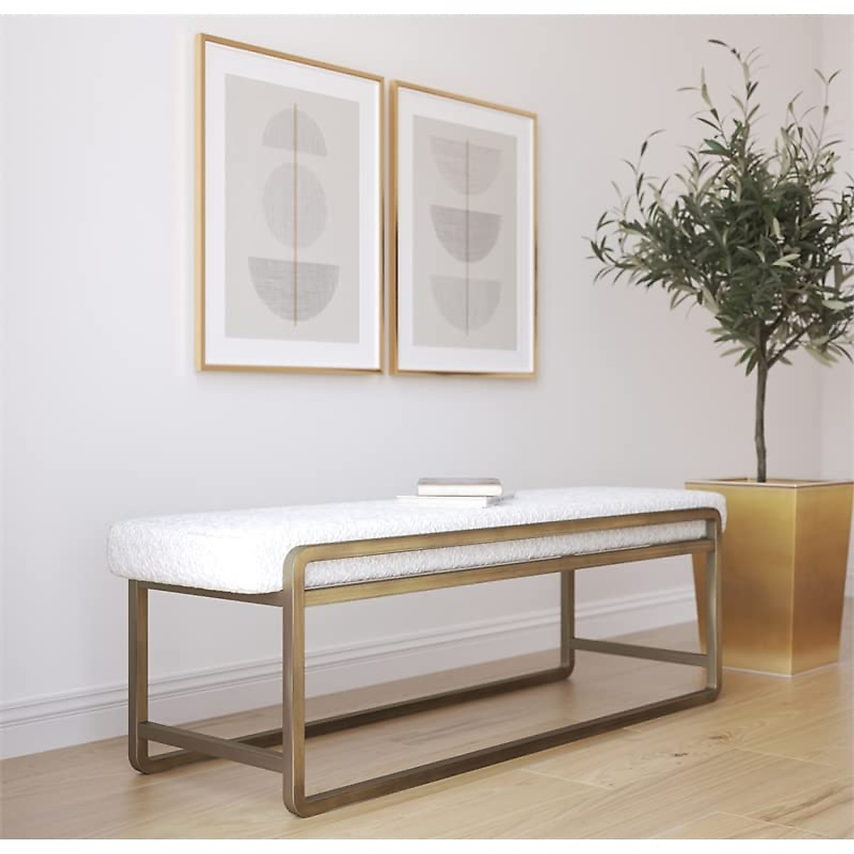 American Home Classic Cole Modern Stainless Steel/Boucle Bench in Brass/Ivory