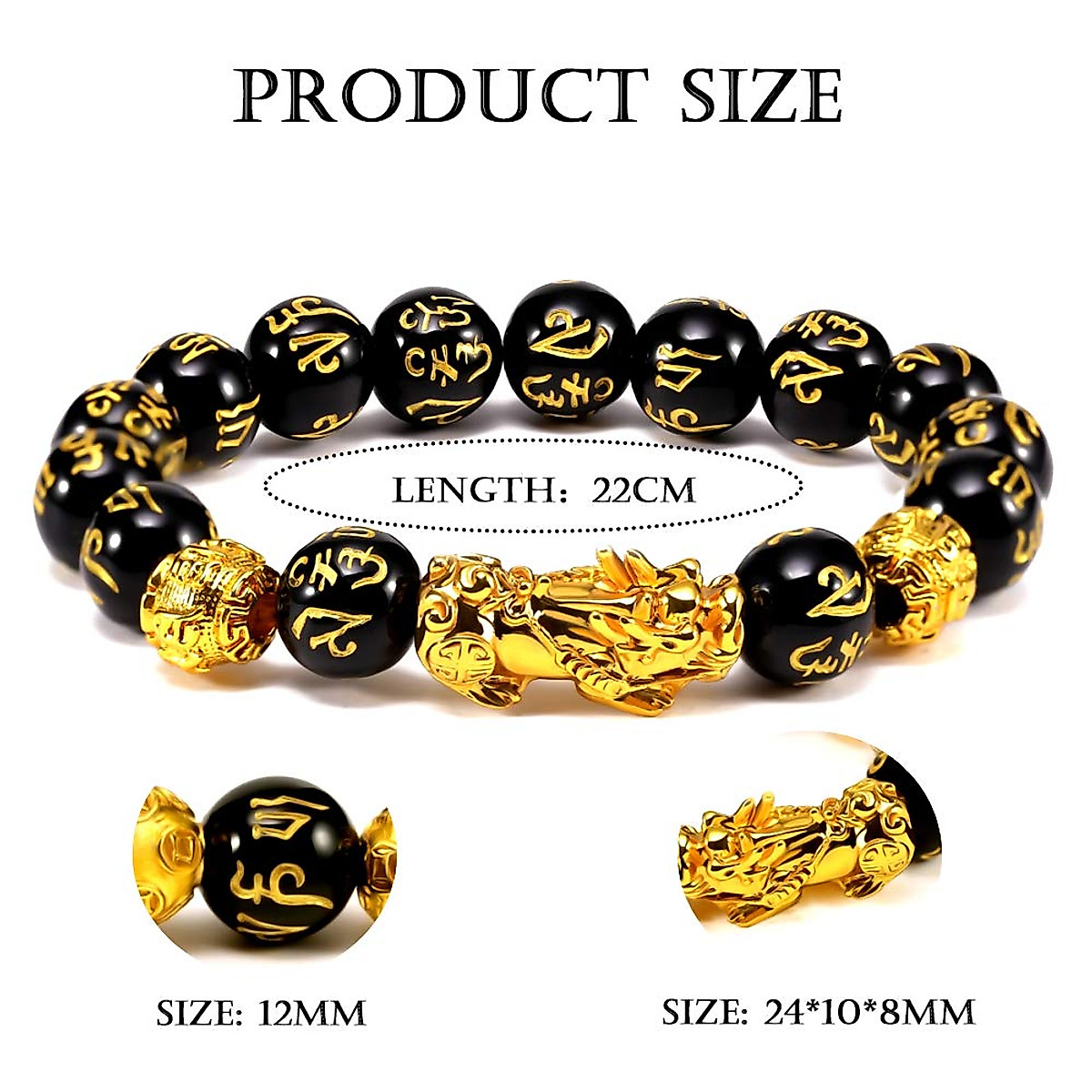 EnjoIt 2Pcs 12mm Hand Carved Mantra Stone Feng Shui Elastic Bracelet Pi Xiu Bracelet Wealth Bracelet for Mens Womens C2239