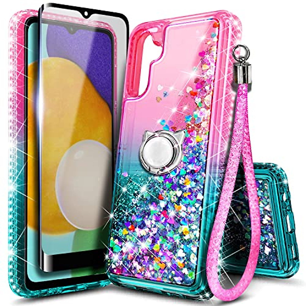 NZND Case for Samsung Galaxy A13 5G with Tempered Glass Screen Protector (Maximum Coverage), Ring Holder/Wrist Strap, Glitter Liquid Floating Waterfall Durable Girls Cute Phone Case (Pink/Aqua)