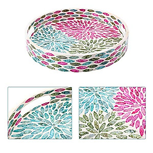 i-lan 16 Inch Mother of Pearl Inlay Round Tray, Gorgeous Shell Wooden Decorative Serving Tray with Handles and 2 Inch Wall, Circle Lacquer Ottoman Tray for Coffee Table, Vanity, Countertop