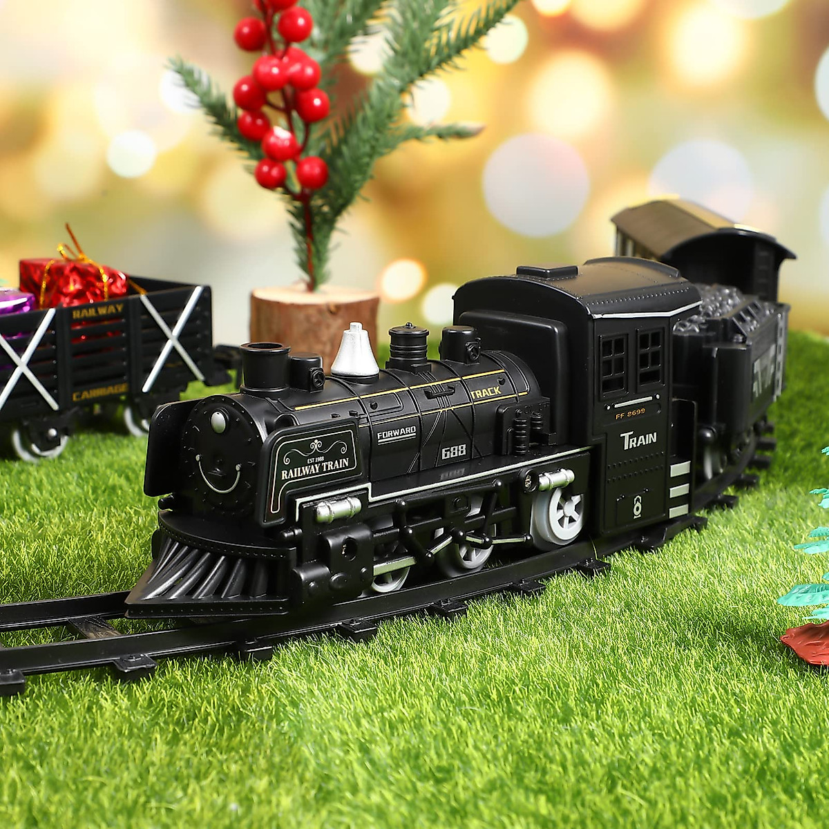 Electric Train Set for Kids- Battery- Powered Model Train with, Sounds& Lights Steam Locomotive Engine, Cargo Cars& Tracks- Christmas Train Sets for Under The Tree