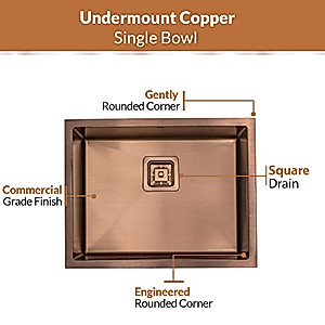 Strictly Sinks 23 Inch Undermount Kitchen Sink – Copper Single Bowl 16 Gauge Stainless Steel Bar Prep Kitchen Sink Scratch & Stain Resistant – With Square Disposal Adapter & Bottom Grid