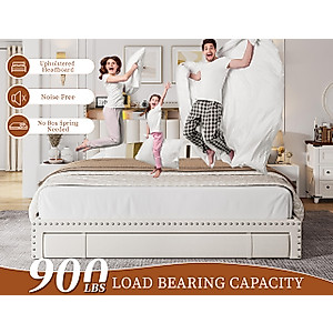 EnHomee Queen Bed Frame with Headboard and 3 Large Drawers, Upholstered Platform Bed Frame Queen Size with Storage, Queen Size Bed Frame with Headboard, Sturdy, No Box Spring Needed, No-Noise, Beige