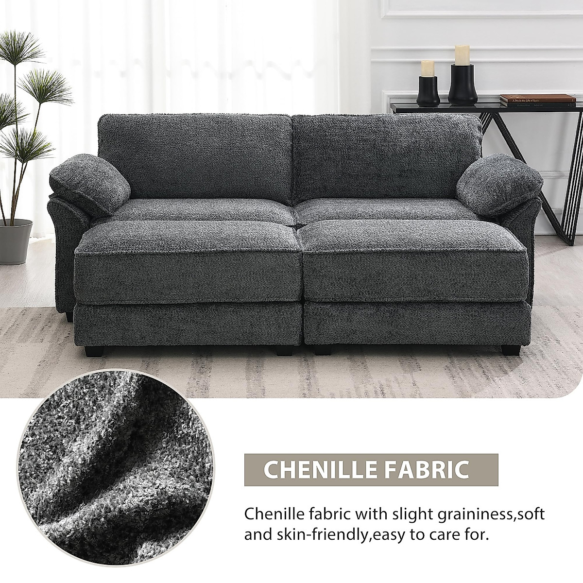 KIVENJAJA 81” Oversized Loveseat with 2 Ottomans, Comfy Chenille Modular Sectional Cloud Couch, Double Chaise Sleeper Sofa Bed for Living Room Apartment Small Space, Grey