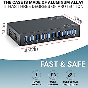 USB 10 Port Hub - Powered USB 3.0 Hub - Aluminum USB Data HUB Splitter 12V 5A 60W Power Adapter Extension for Mouse, Keyboard, HDD or More USB Devices