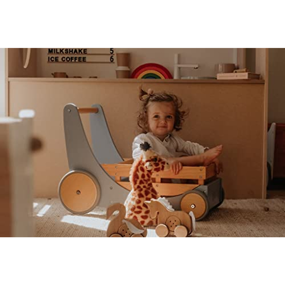 Kinderfeets 2-in-1 Wooden Cargo Walker Cart Wagon with Adjustable Rubber Wheels and Removable Basket for Children and Toddlers (Blue)