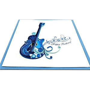 Blue Guitar with "Happy Birthday" Quilling Greeting Card, 6x6" with Envelope. Blank Inside. Hand-made. Suitable for Framing.