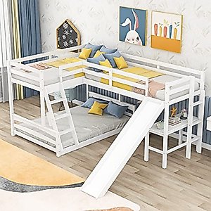 SweetFm Twin Over Full Triple Bunk Bed with Desk,Wooden Loft Bed with Desk and Slide,Full-Length Guardrail, White