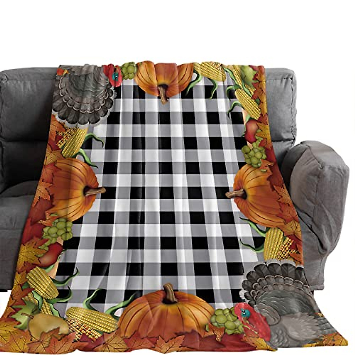 Throw Blanket- Thanksgiving Turkey Pumpkins Corn Soft Warm Plush Fleece Bed Throw,50x60In Flannel Blankets Farm Fall Harvest Bedding Throws for Women/Men Bedroom Living Room Office Classic Checkered