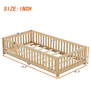 CITYLIGHT Twin Size Floor Bed with Rails, Wood Montessori Floor Bed Twin with Support Slats, Kids Twin Bed Frame with Door Design for Boys,Girls, Natural