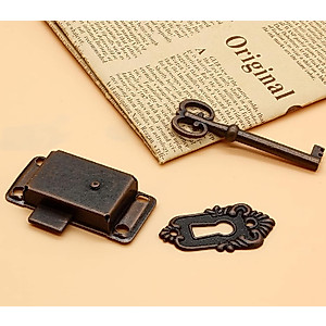 Kyuionty 2 Sets Skeleton Key Lock Decorative Antique Red Bronze Cabinet Lock with Key for Chest Cupboard Furniture