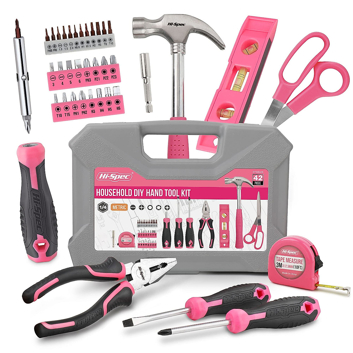 Hi-Spec 42pc Pink Household DIY Tool Set for Women. Home, Office and College Dorm Small Tool Kit of Starter Basic Ladies Tools