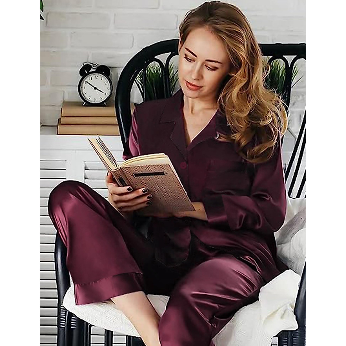 SWOMOG Women Pajamas Matching Pajamas Set Silk Satin Men Pj Set Long Sleeve Button Down Sleepwear 2 Pcs Loungewear Deep Wine Red Medium