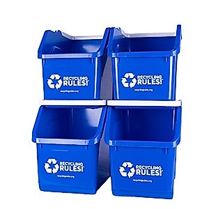 Recycling Rules 6 Gallon Stackable Recycling Bin Container in Blue, Eco-Friendly BPA-Free Handy Recycler with Handle, 4-Pack