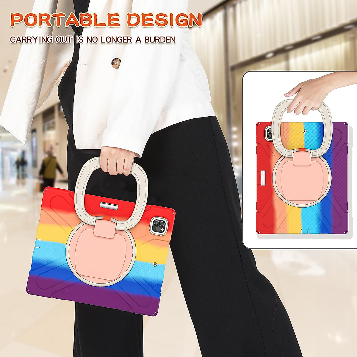 Kids Case for iPad Pro 12.9 Inch 6th/5th/4th/3rd Generation 2022 2021 2020 2018, SCSVPN Shockproof Silicone Protection Cover with Pencil Holder- Rotating Stand/Handle- Shoulder Strap, Colorful Red