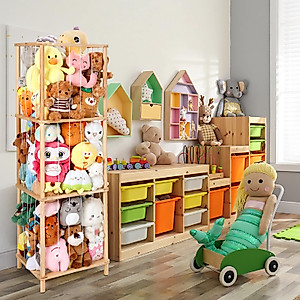 ACEPRUT Wood Stuffed Animal Storage, Space Save Three Tier Vertical Large Stuffed Animal Zoo Organizer for Playroom Bedroom