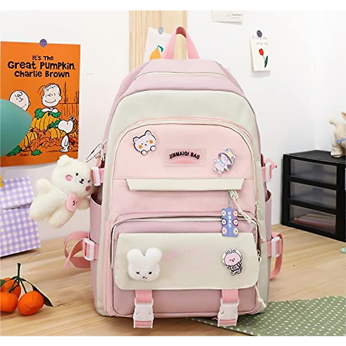 LaurelTree Kawaii Aesthetic Cute 5pcs School Bags Set with Accessories School Suppliers for Teens Girls Backpack Tote Bag (Pink)