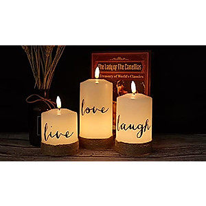 GenSwin Flameless LED Candles with Hemp Rope & Remote Timer, Real Wax Battery Operated Pillar Candles Live Laugh Love, Realistic 3D Wick Flickering Gift (D3 x H4.7 5.7" 6.7", Pack of 3)