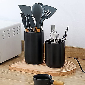 Utensil Holder for Kitchen Counter, Matte Ceramic Kitchen Utensil Holder for Countertop with Non slip Unglazed Base, Cooking Utensils Caddy Organizer Crock for Farmhouse Kitchen Decor(Medium-Black)