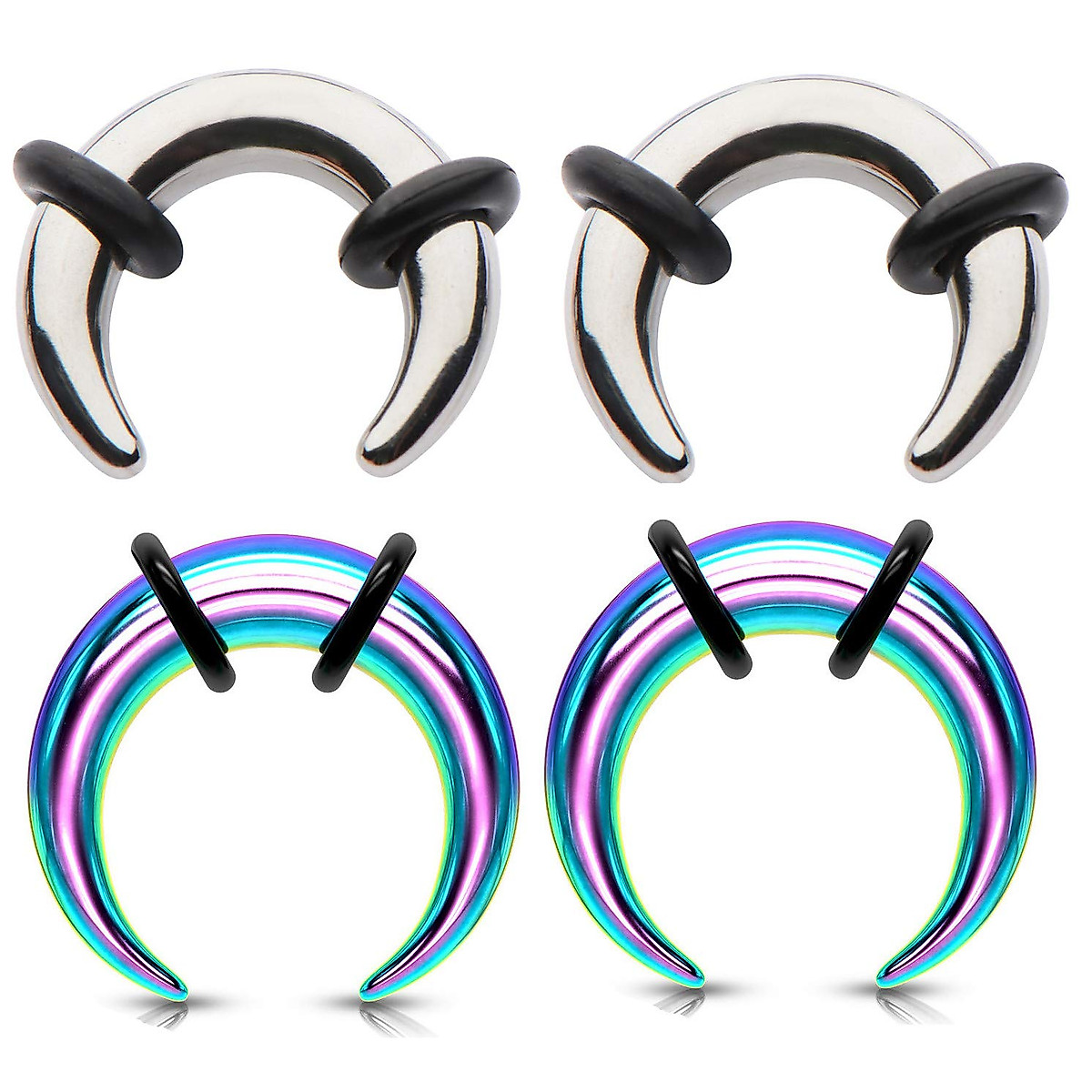 Zaya Body Jewelry 2 Pairs Steel Rainbow Ear Plugs Tapers Pinchers Horseshoes Gauges 0g 2g 4g 6g 8g 10g 12g 14g (6g 4mm)