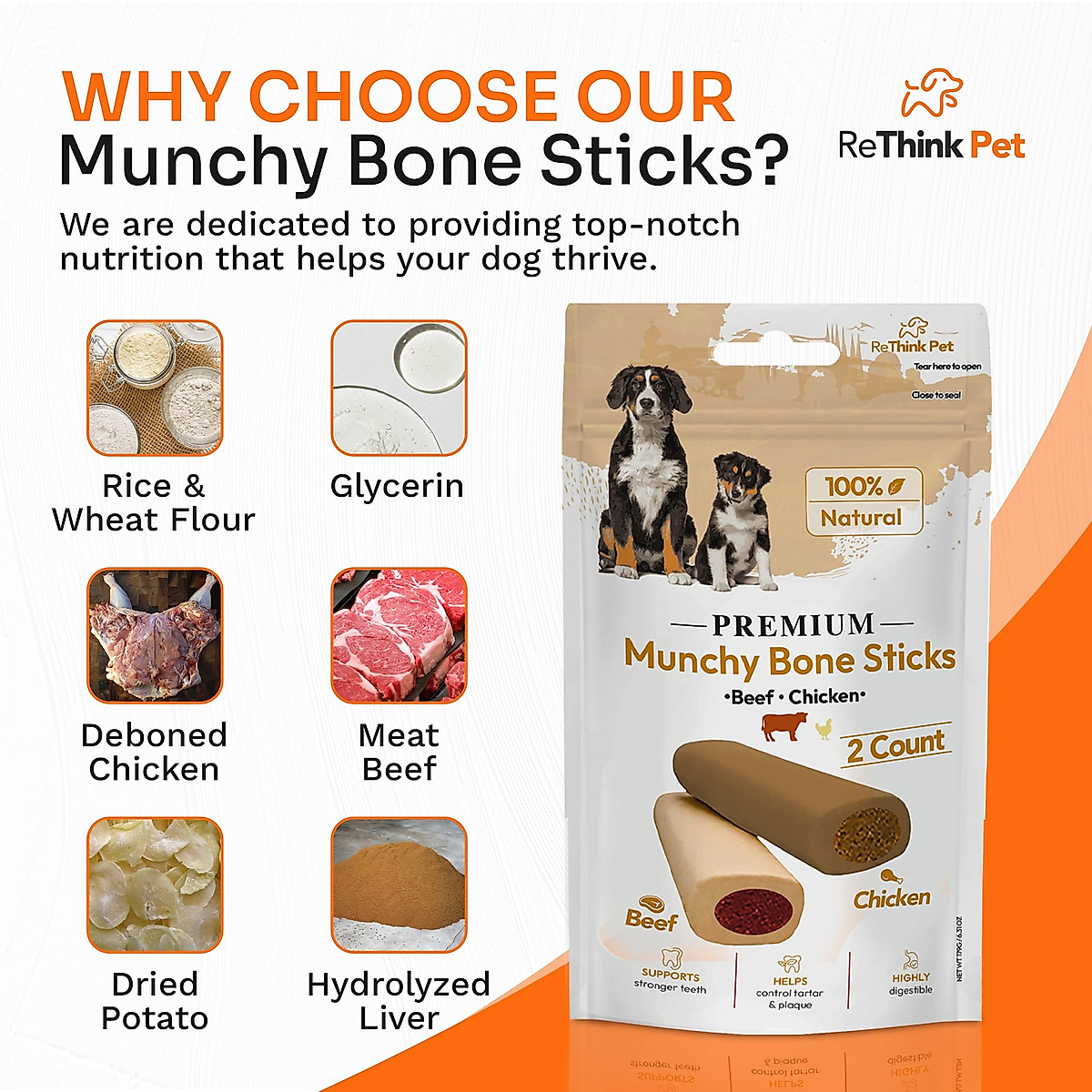 ReThink Pet 2 Pcs Premium Munchy Bone Sticks, Dog Treats Small Dogs, Beef & Chicken Dog Chew Sticks, Highly Digestible & Long Lasting Dog Chews, Natural Dog Chews for Aggressive Chewers