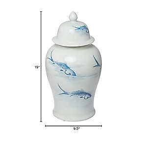A&B Home Blue & White Porcelain Koi Ginger Jar with Lid,D9.5x19 inch