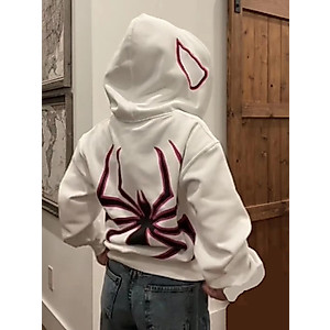Obenie Y2k Spider Print Hoodies Hip Hop Zipper Long Sleeve Jacket Coats Harajuku Casual Loose Hooded Sweatshirt (white,L,Large)