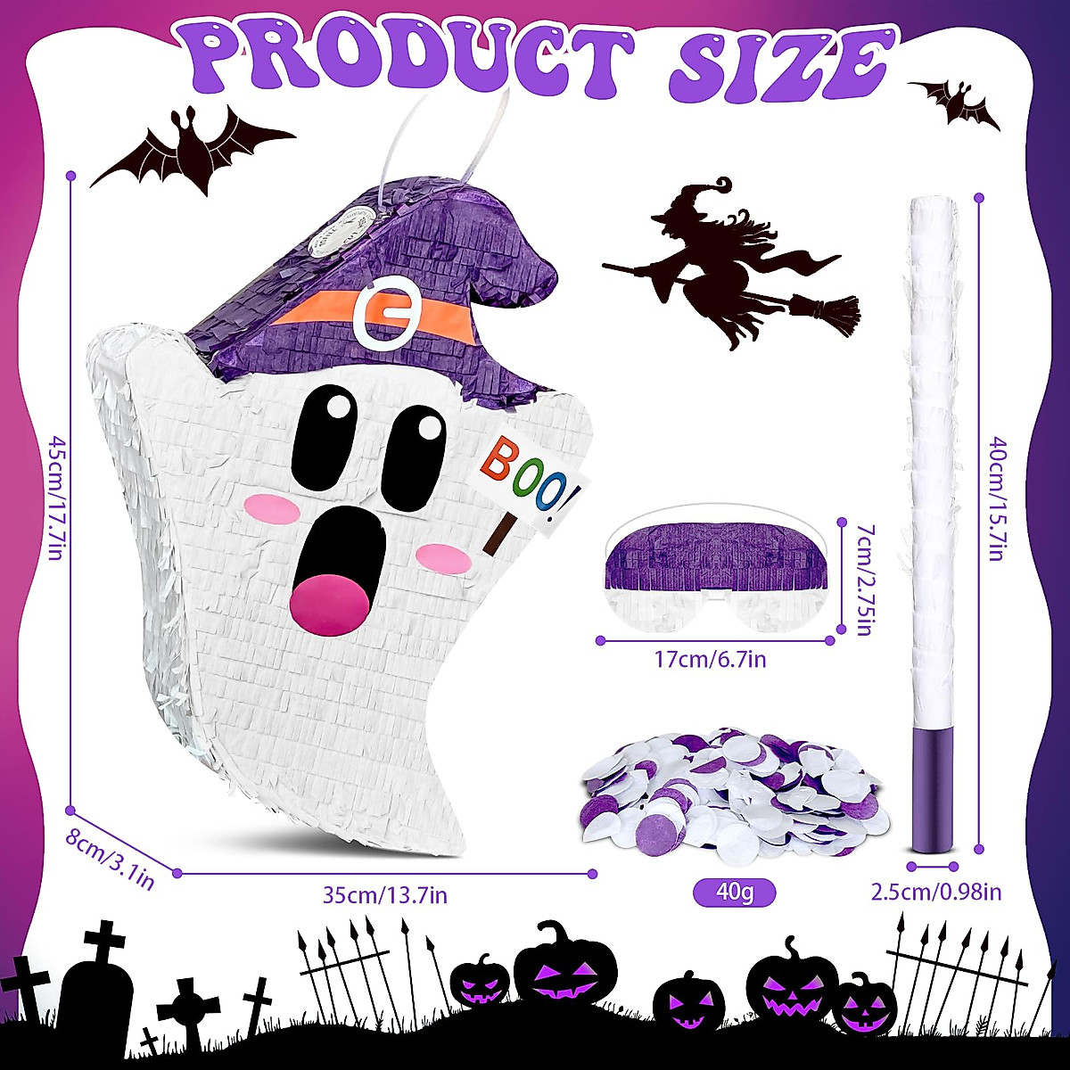 4 Pcs Halloween Ghost Pinata Set 17.7 x 13.7 Inch Cute Ghost Pinata with Stick Blindfold and Confetti for Halloween Birthday Party Game Supplies Decoration