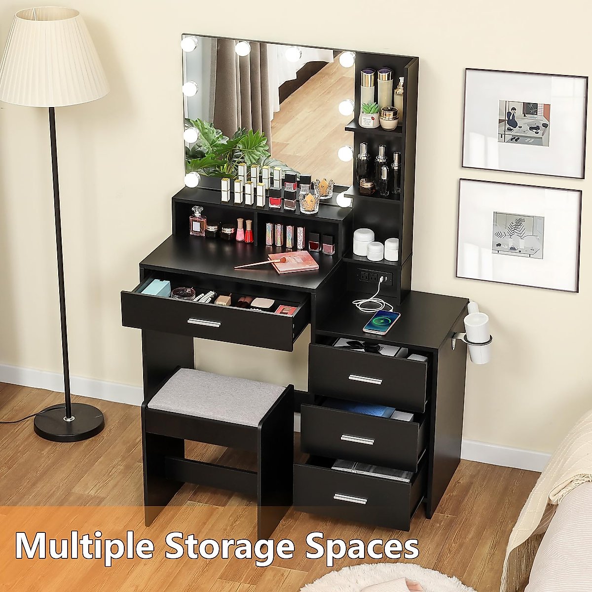 usikey Large Vanity Table Set with Lighted Mirror & Charging Station, Makeup Vanity Dressing Table with 4 Storage Shelves and 4 Drawers, Vanity Desk with 3-Drawer Chest and Cushioned Stool, Black