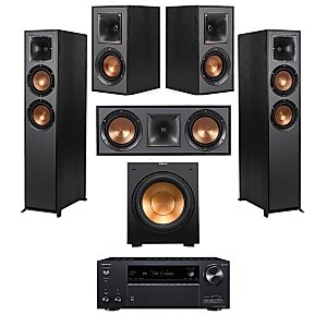 Klipsch Reference Series 5.2 Home Theater Pack with 2X R-625FA Floorstanding Speakers, R-52C Center Channel Speaker, 2X R-41M Bookshelf Speakers (Speaker System + Subwoofer + Receiver)
