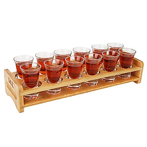 D&Z Bamboo Wooden Shot Glass Holder/Tray with 12 Crystal 1oz Clear Shot Glasses