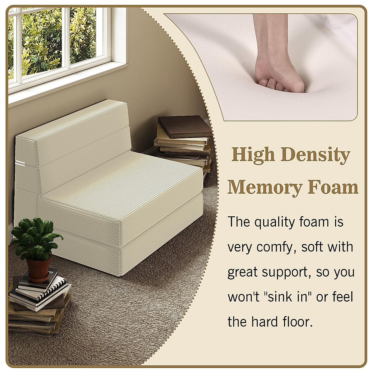 CATMIX Folding Sofa Bed, Foldable Memory Foam Couch Floor Mattress Futon, Convertible Floor Sleeper Chair with Back Support for Living Room, Bedroom, Guest Room, Corduroy (White, Twin)