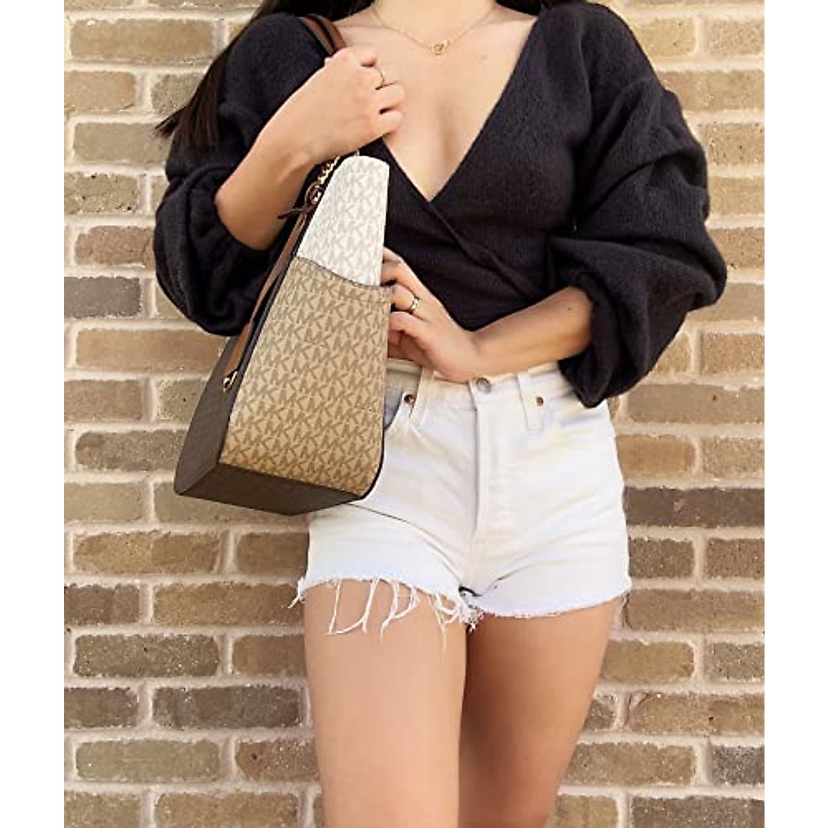 Michael Kors Jet Set Travel Large Chain Tote Luggage Brown MK Multi Colorblock Bundled Brown Trifold Wallet