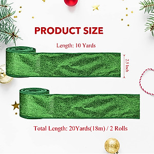 2 Rolls St. Patrick's Day Green Glitter Ribbon for Gift Wrapping, Green Shiny Curling Wired Edge Ribbon for Christmas Tree Wreath DIY Crafts Home Party Holiday Decoration, 2.5" x 10 Yd x 2 / Green